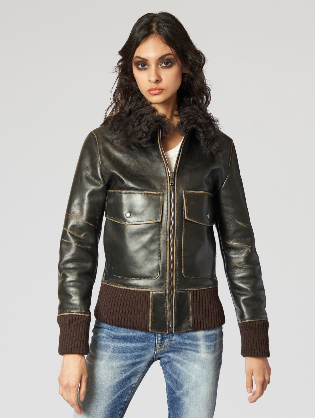 brown leather aviator jacket womens